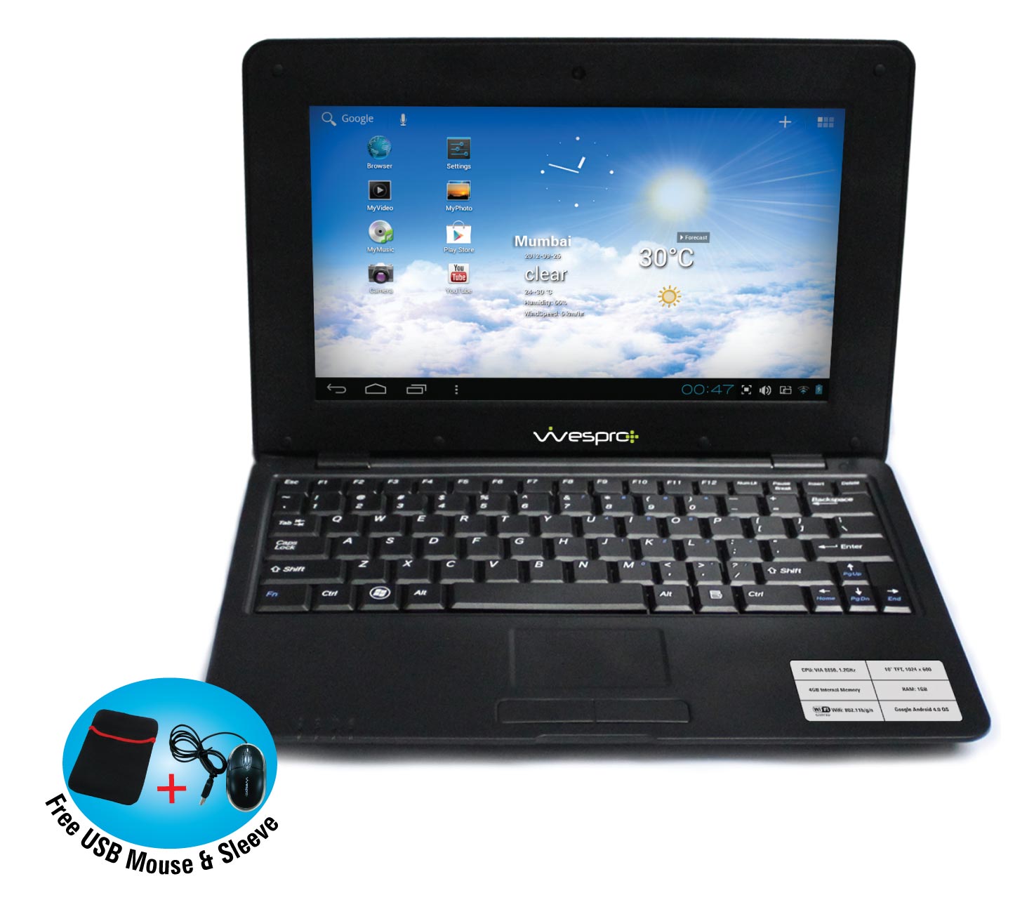 Wespro 10" Mini Laptop with Optical Mouse and Sleeve