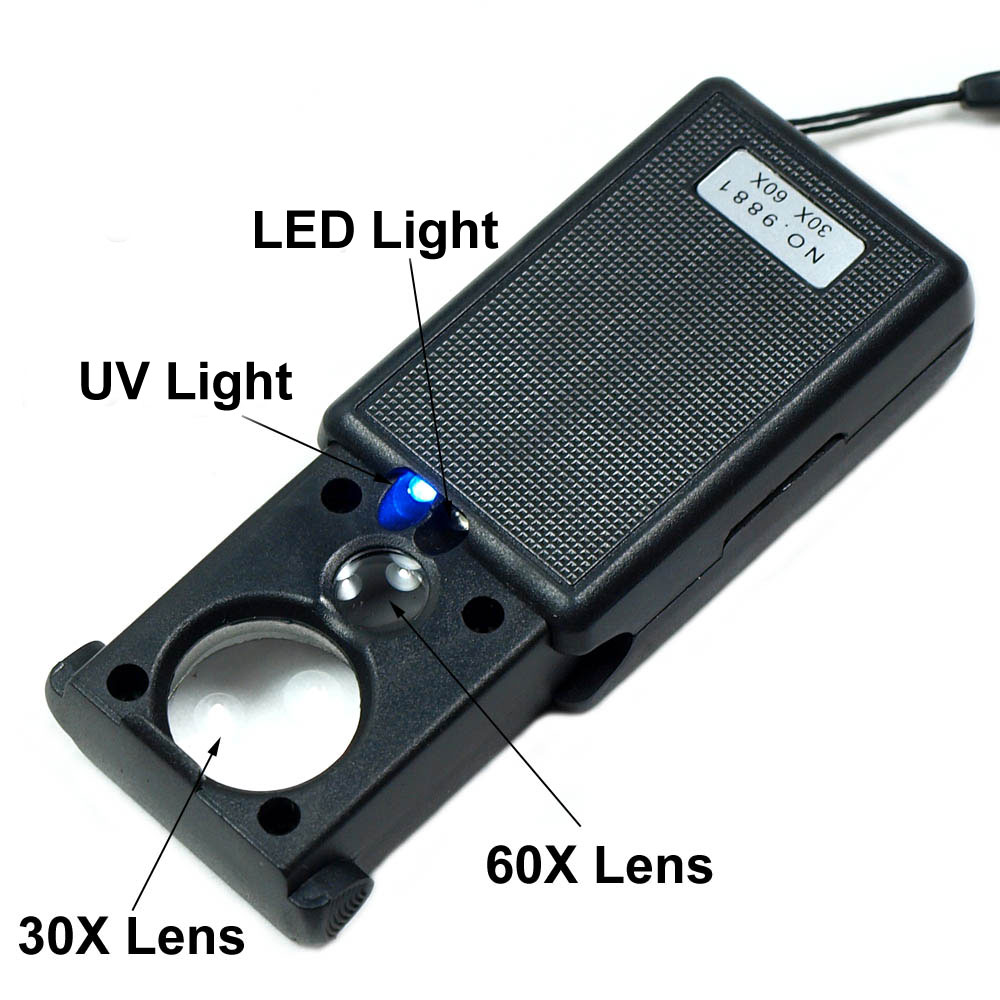 30x 60x Uv LED Currency Detecting Magnifier Magnifying Glass Microscope ...