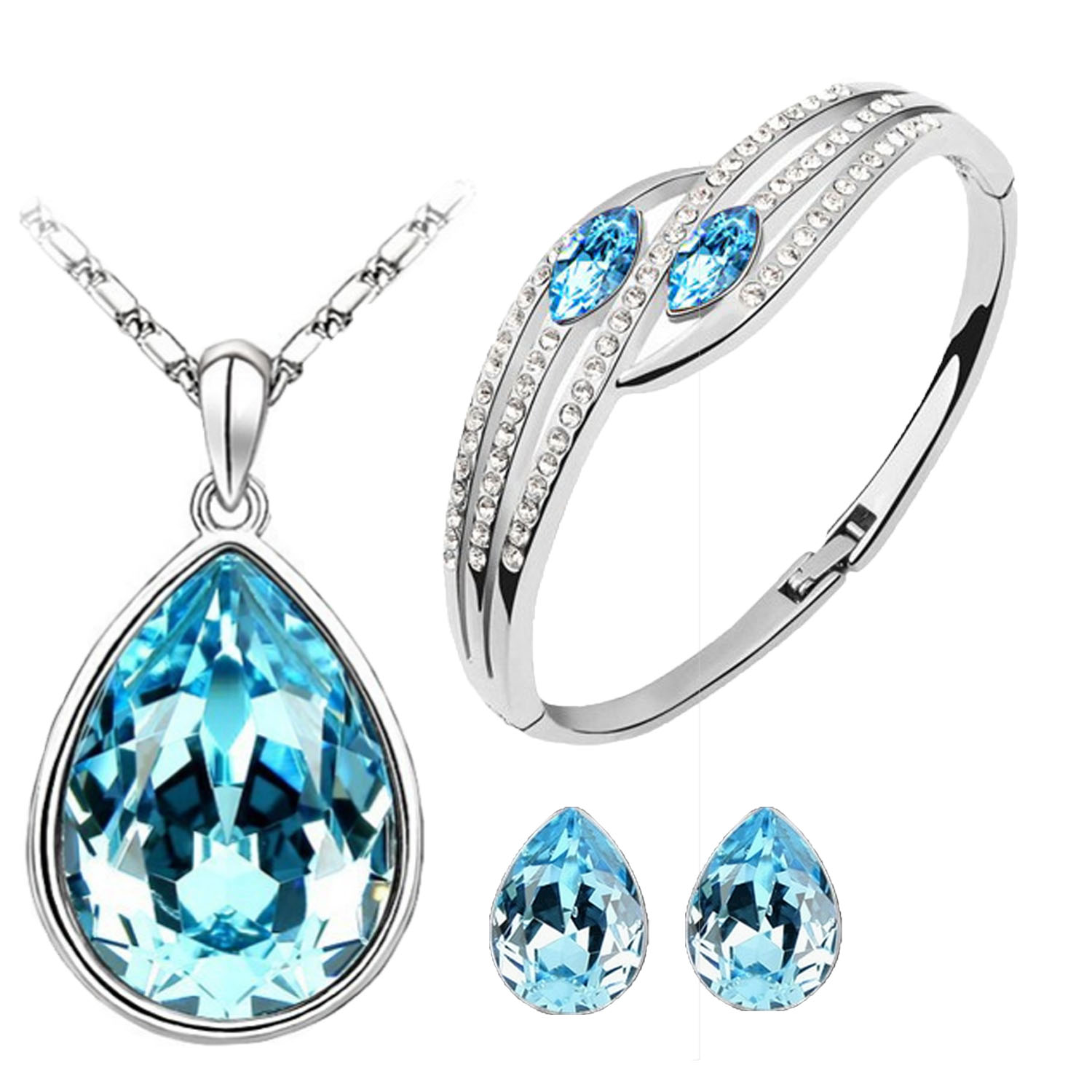 CYAN teardrop style crystal jewelry set Combo with elegant bracelet