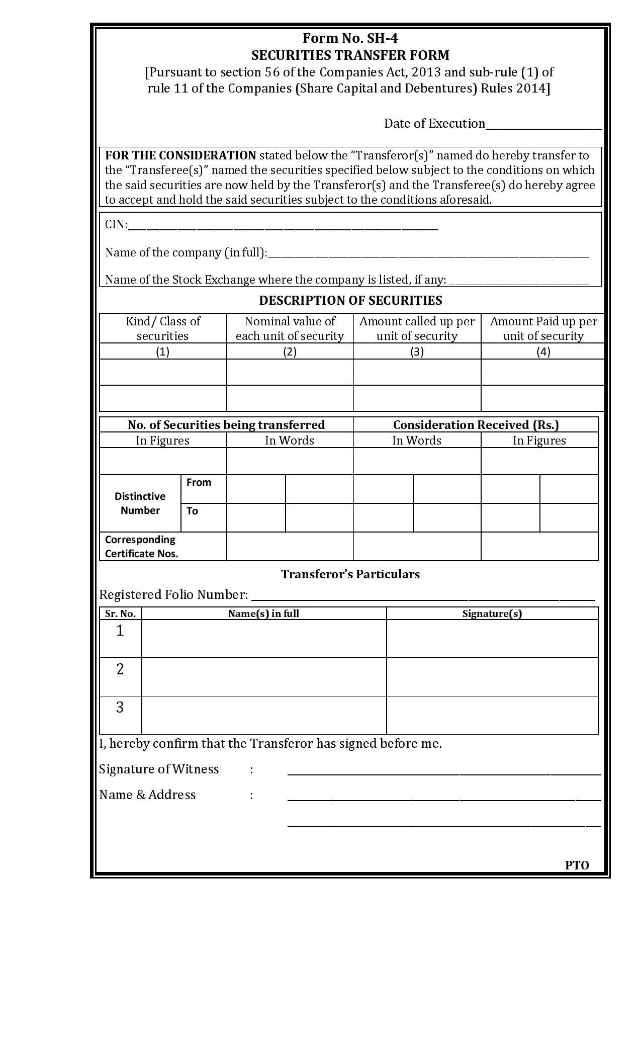 SH-4 Securities Transfer Form Share Transfer Deed