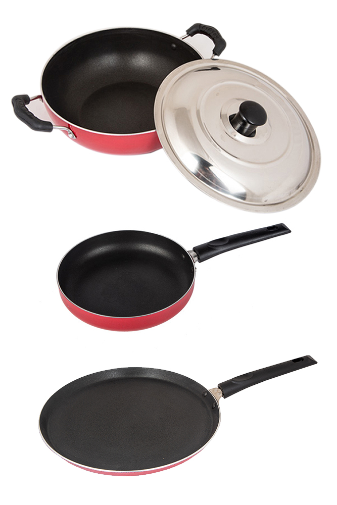 Buy CIMORA Set of 3 Aluminium Cookware Deep Fry Kadai , Fry Pan , Flat ...
