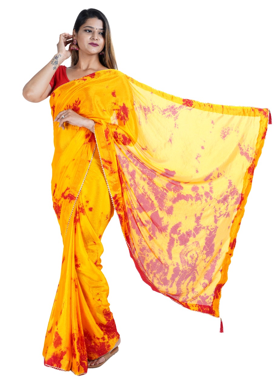 Buy Womens Red Color Bati Design Pure Chinon Fabric Lace Border Saree ...